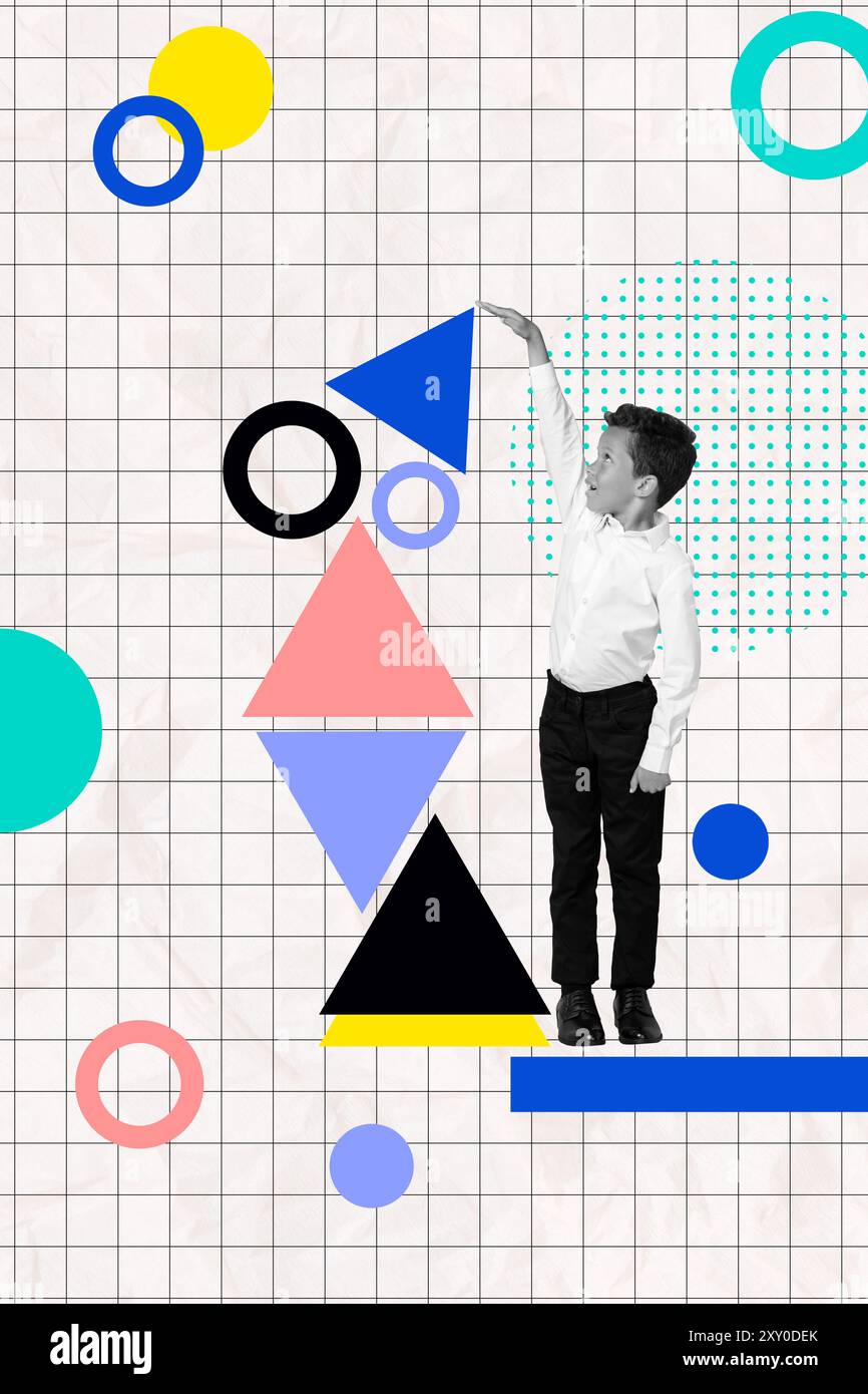 Vertical photo collage of happy cute schoolboy touch shape figures ...