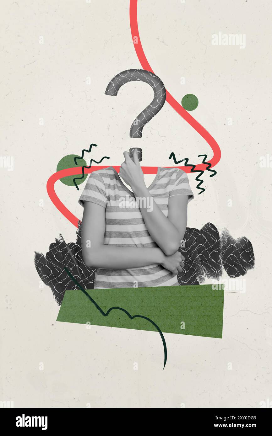 Vertical poster collage young headless woman caricature question mark ...