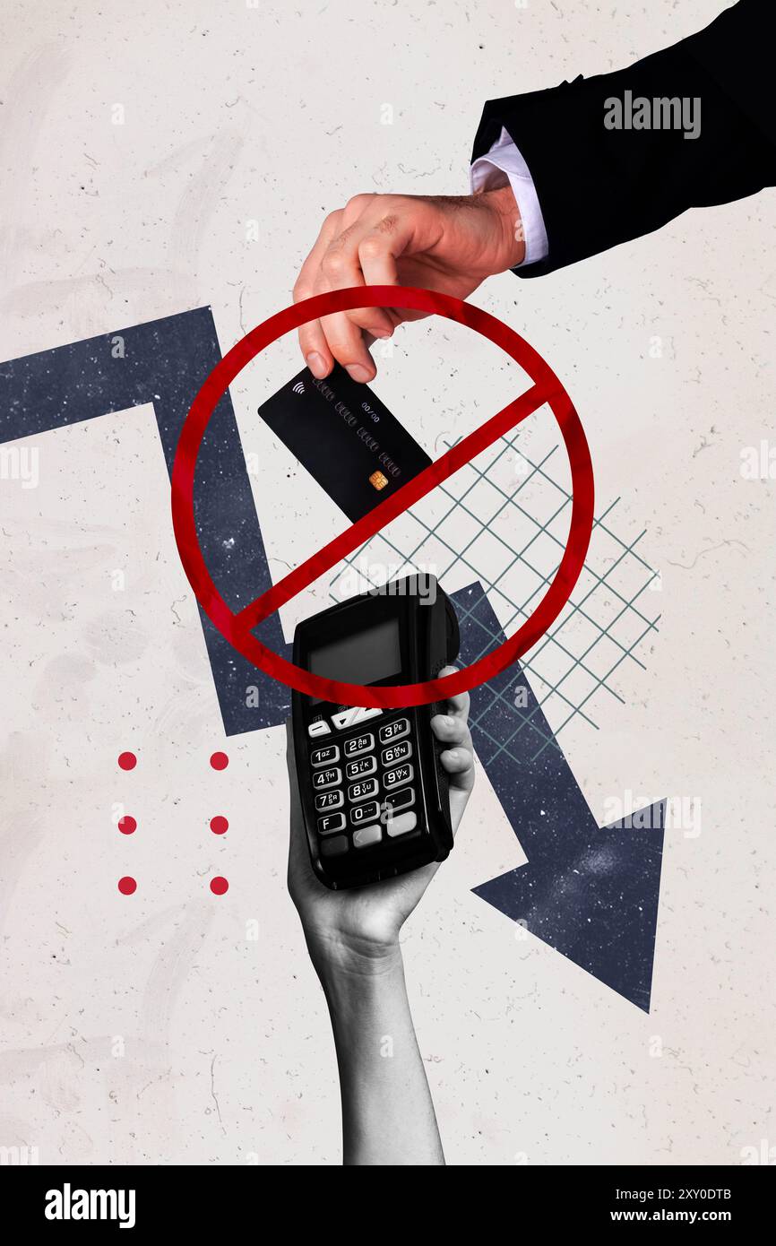 Vertical poster collage hand body fragment blocked terminal payment system device economy stock ...