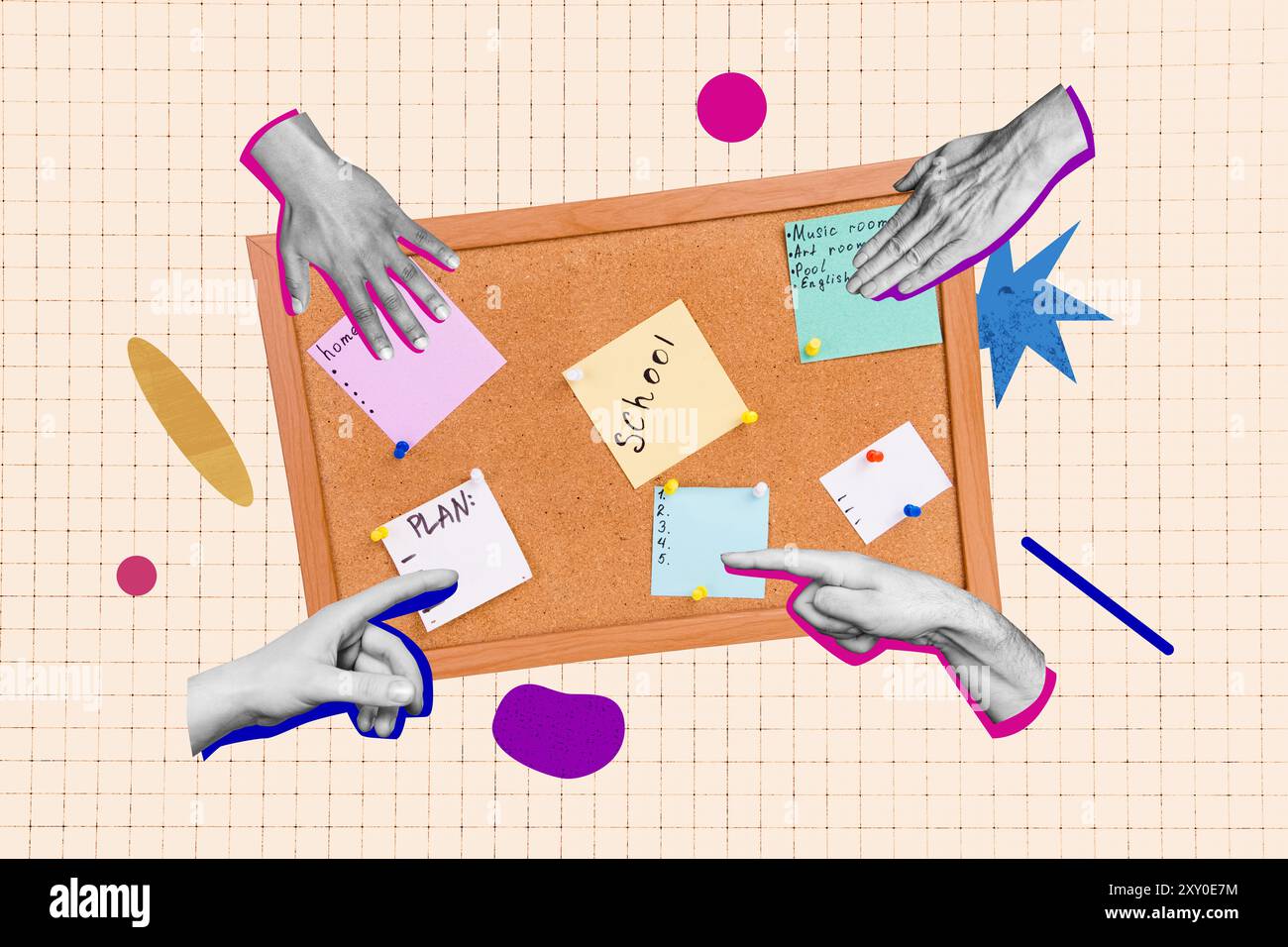 Composite photo collage of hands point memo board sticker to do task ...