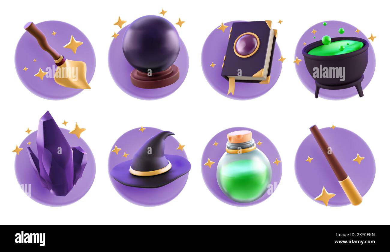 3d magic game icons. Collection of wizard elements and tools ...