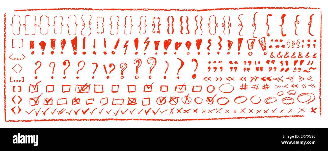 Set of children hand drawn crayon text symbols. Collection of red color ...