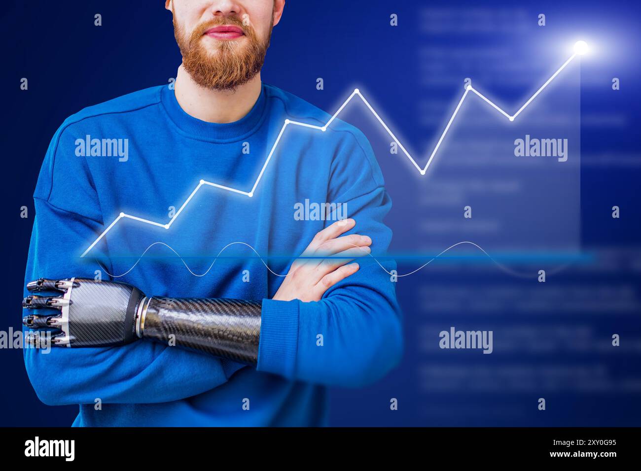 A man with a prosthetic arm is standing in front of a graph with a line ...