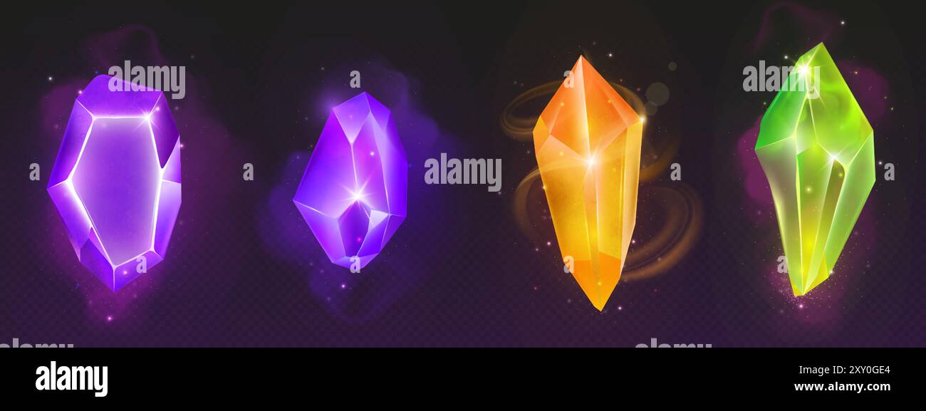 Magic neon glowing colour gem stone crystal on black background ...