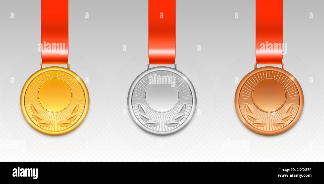 Gold, silver and bronze medal with laurel wreath pattern on red ribbon ...