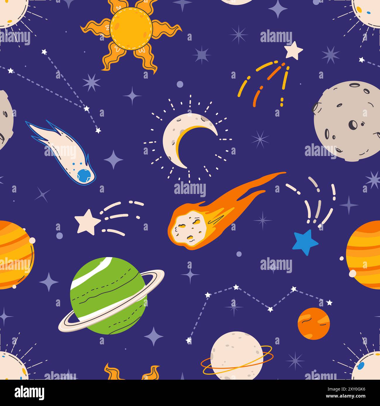 Universe seamless pattern. Planets sun moon constellations and stars ...