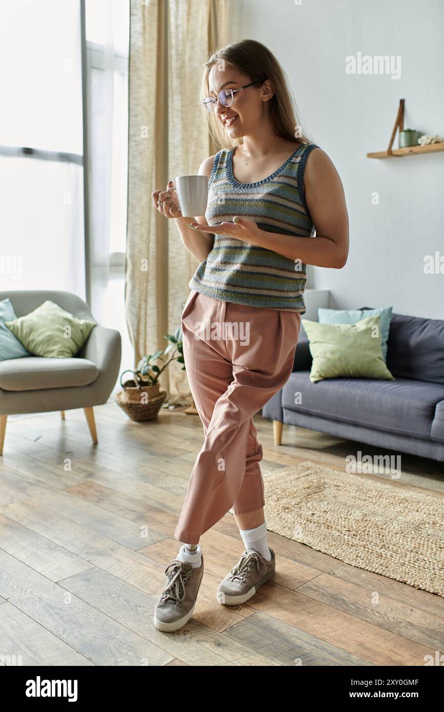 A young woman with a prosthetic leg smiles as she enjoys a cup of ...