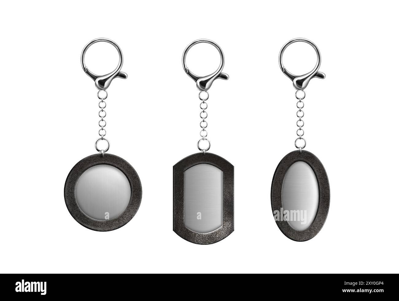 Keychain mockup with silver ring, string and metal with leather pendant ...