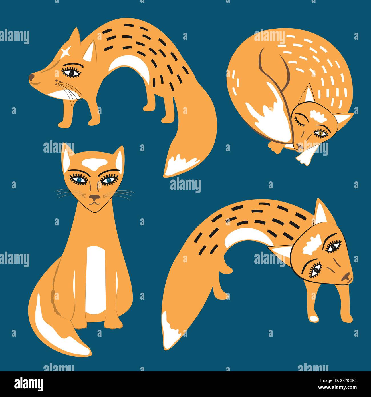 Set of sweet walking foxes in naive hand drawn style. Cartoon animal ...