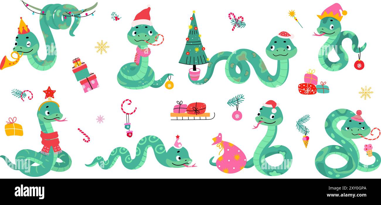 Cartoon christmas snakes. Cute snake with xmas gifts, fir tree ...