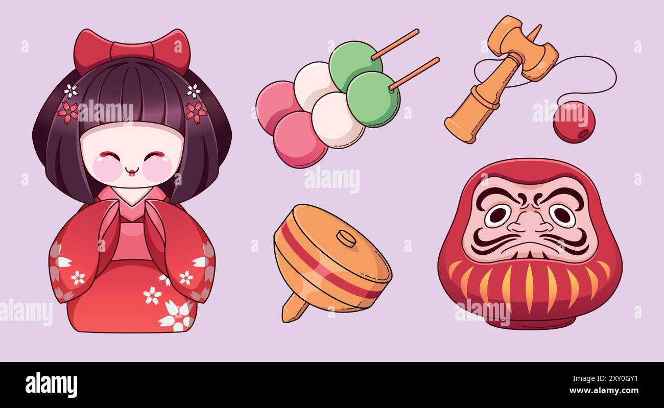 Traditional Japanese New Year celebration elements set. Cartoon vector ...