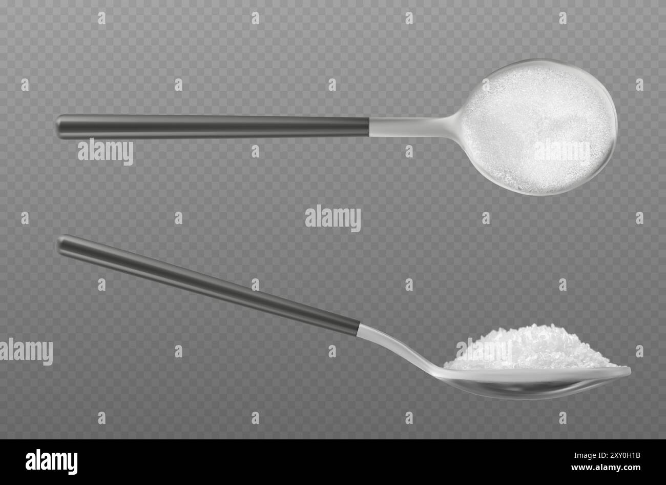 Realistic salt crystal powder in spoon top and side view on transparent ...