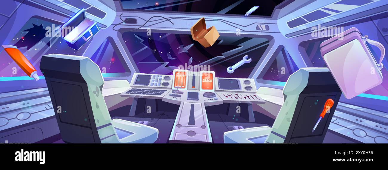 Spaceship crash in night sky. Vector cartoon illustration of space ...