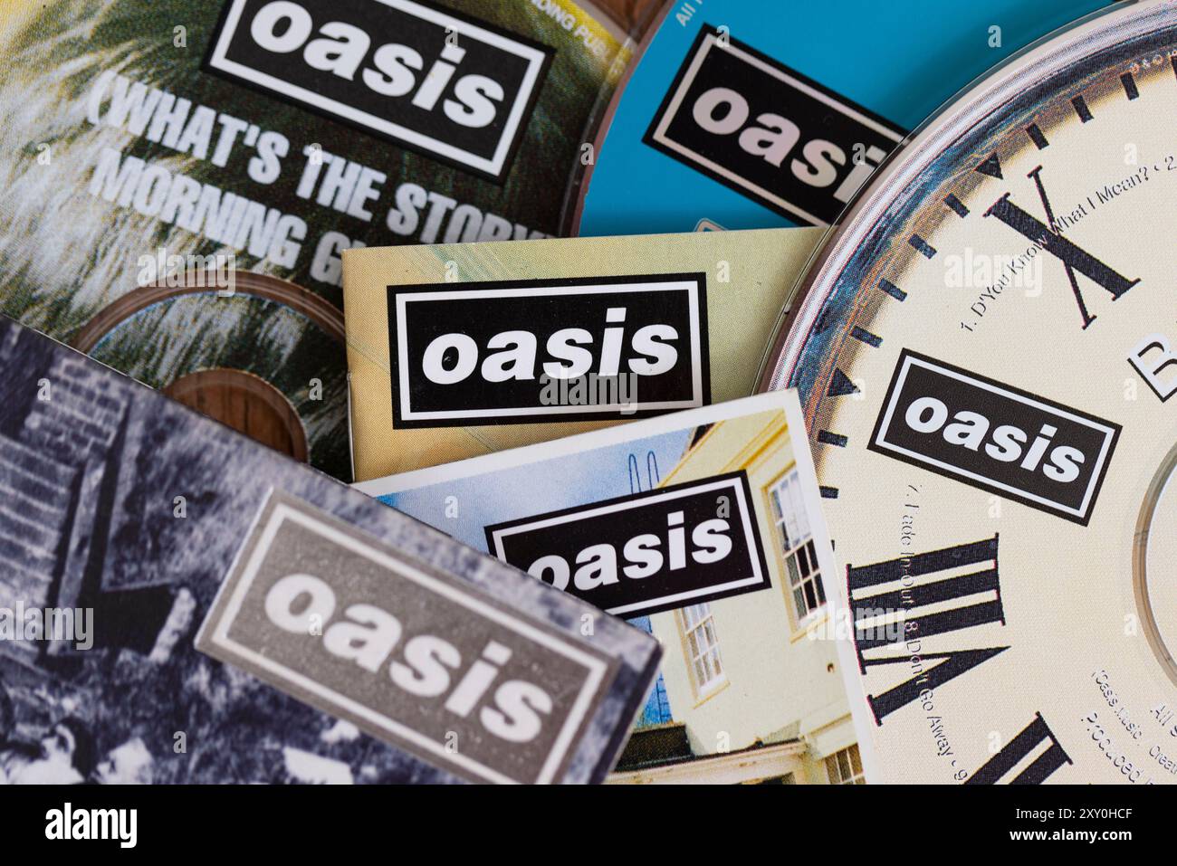 London, UK - August 27 2024: Oasis band cds. Oasis are a popular rock ...