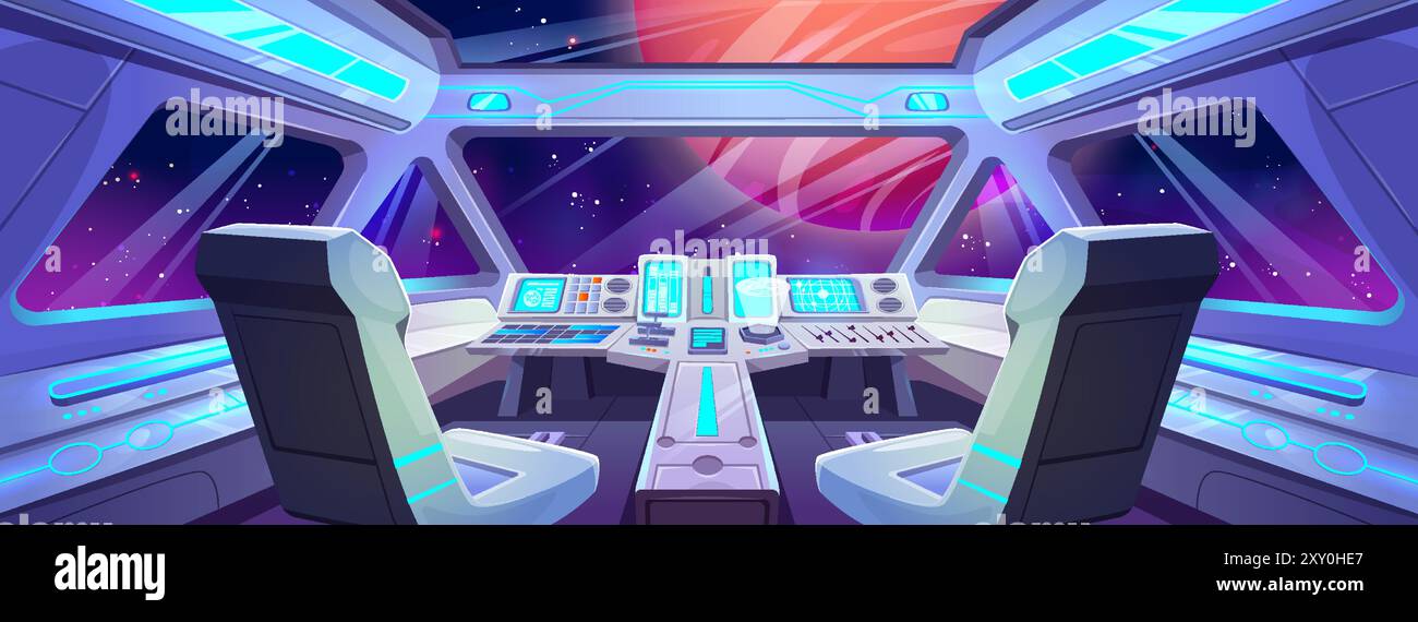 Spaceship cockpit interior. Vector cartoon illustration of space shuttle cabin flight in night ...