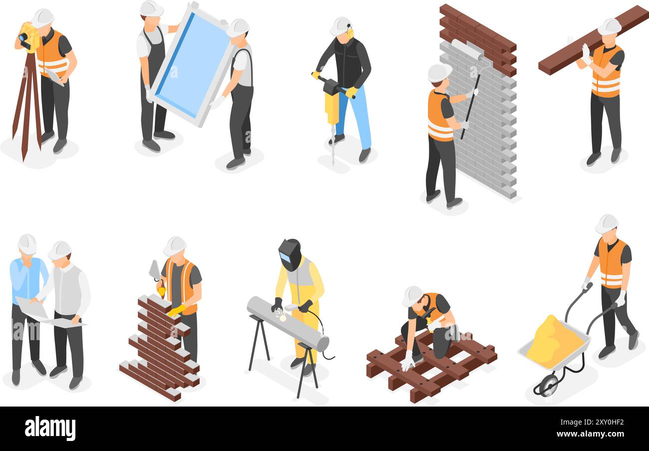 Isometric builders. Construction workers painting wall carry window ...