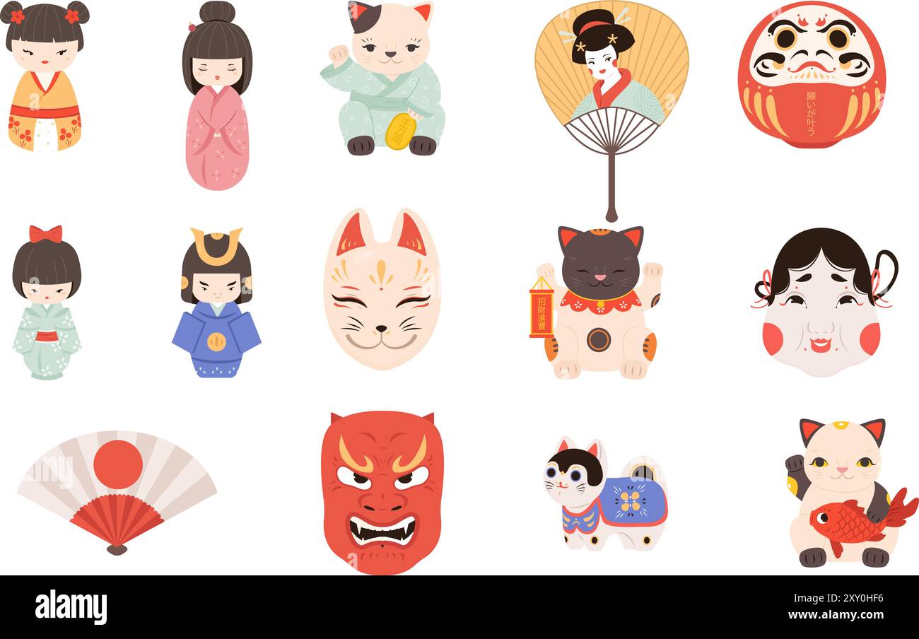 Cartoon japanese symbols. Maneki neko cats, paper fan, japan masks and ...