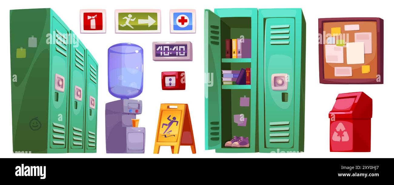 School hallway furniture set isolated on white background. Vector ...