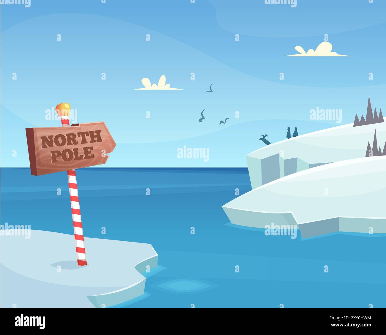 north pole. background with wooden pointer informer standing on ice in ...