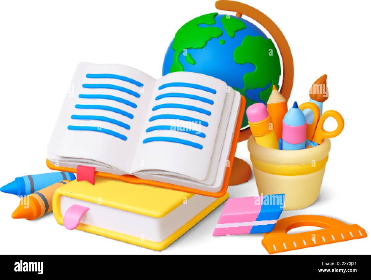 Education 3d concept. Open book, glass with stationery and globe ...
