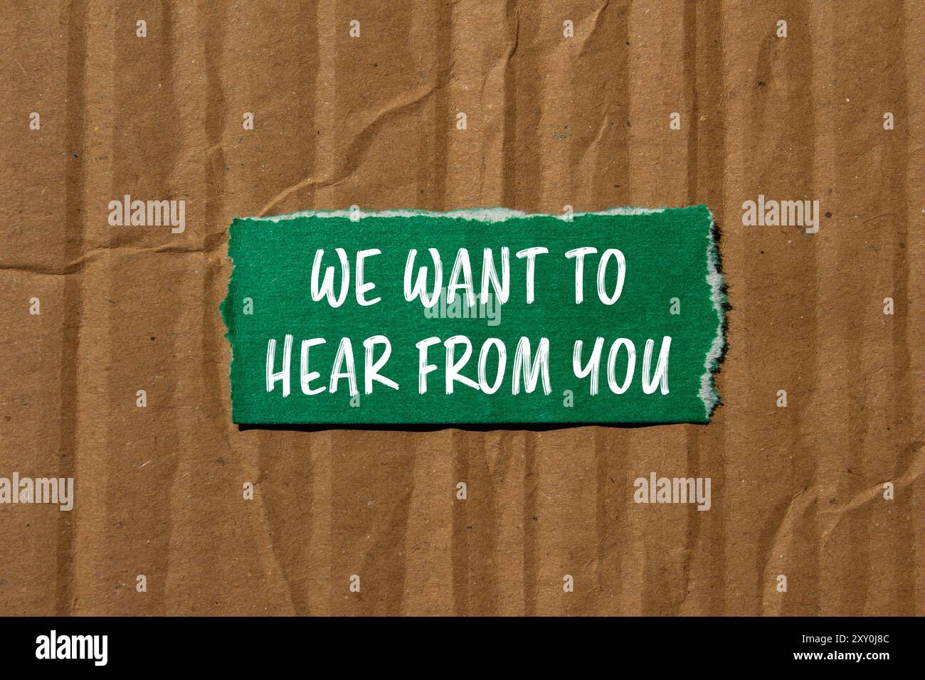 We want to hear from you message written on ripped torn green paper piece with cardboard ...