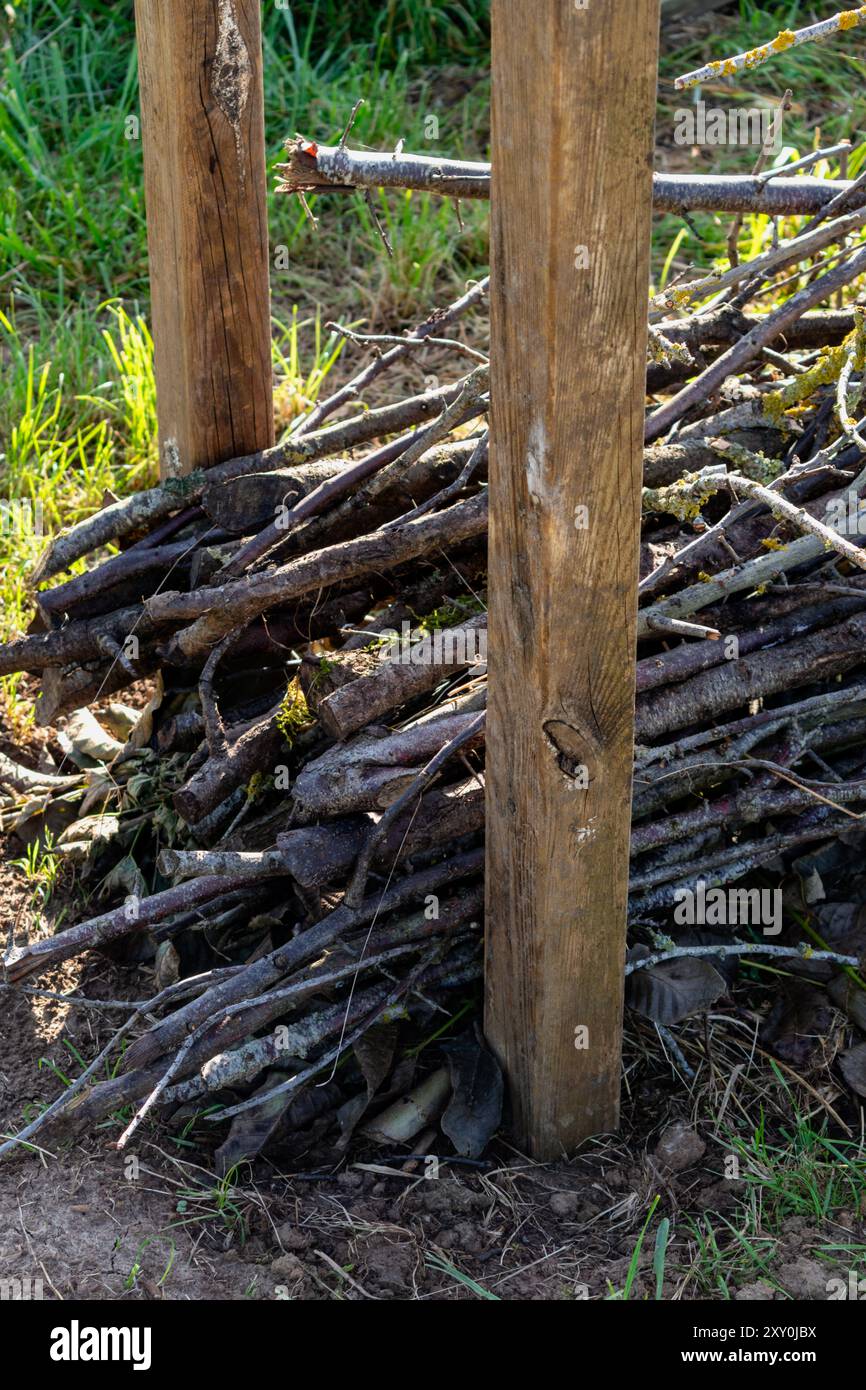 Dry hedge or Benjes hedge made of maintenance pruning branches, dead ...