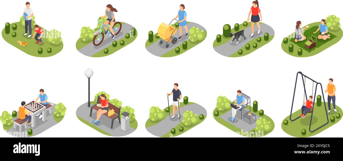 Isometric people in city park. Person outdoor rest, walking dog, ride ...