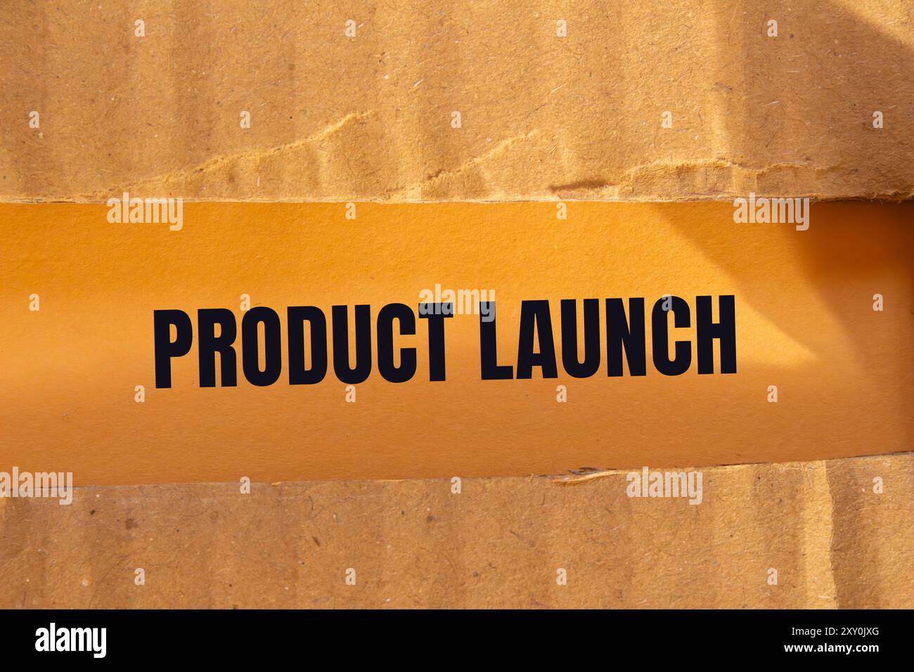 Product launch message written on ripped torn cardboard paper with ...