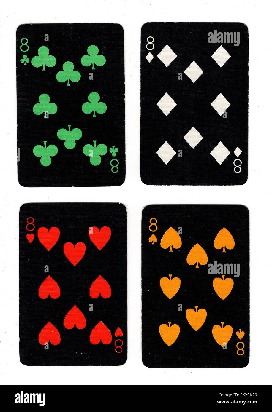 Vintage black playing cards showing four eights on a white background ...