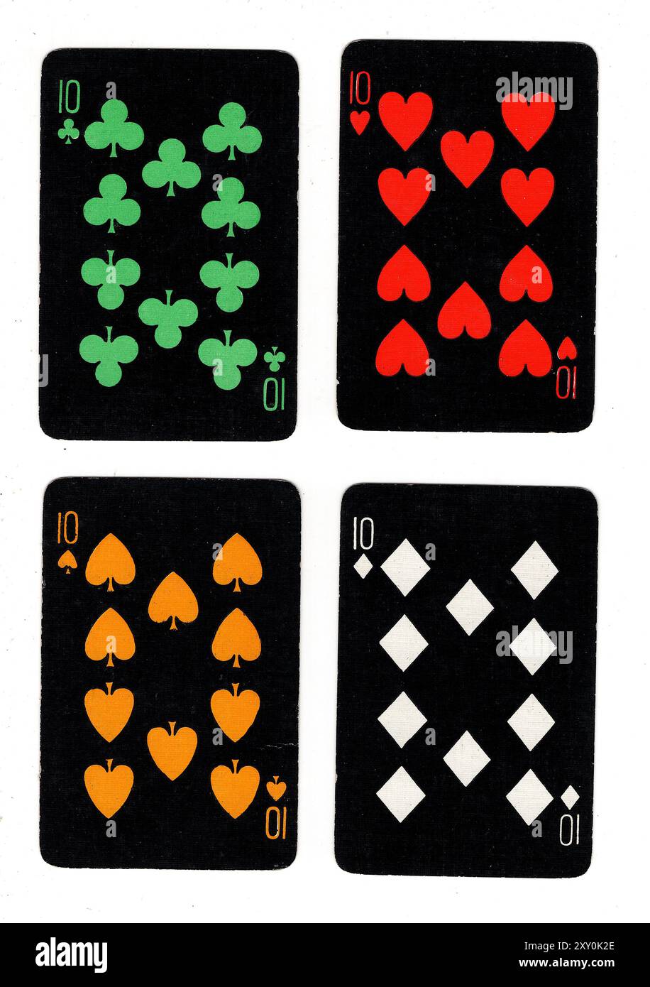Vintage black playing cards showing four tens on a white background ...