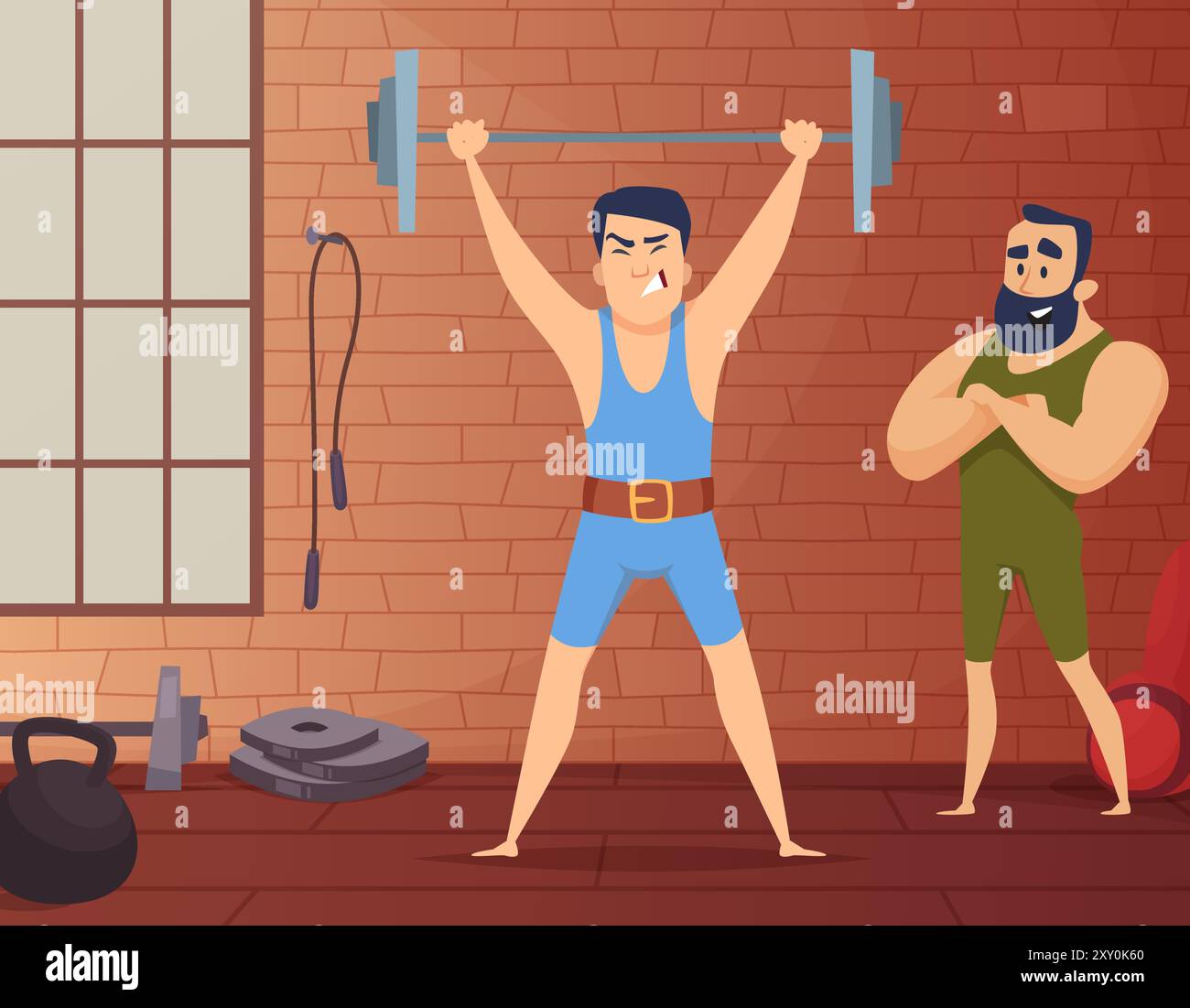 weightlifter. the coach and his ward in training gym sport characters ...