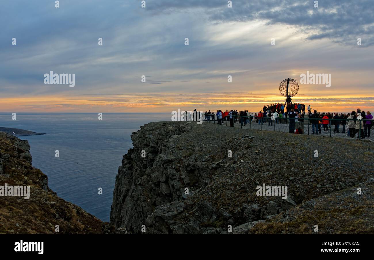 Panoramic view of North Cape plateau and globe at midnight, Norway ...