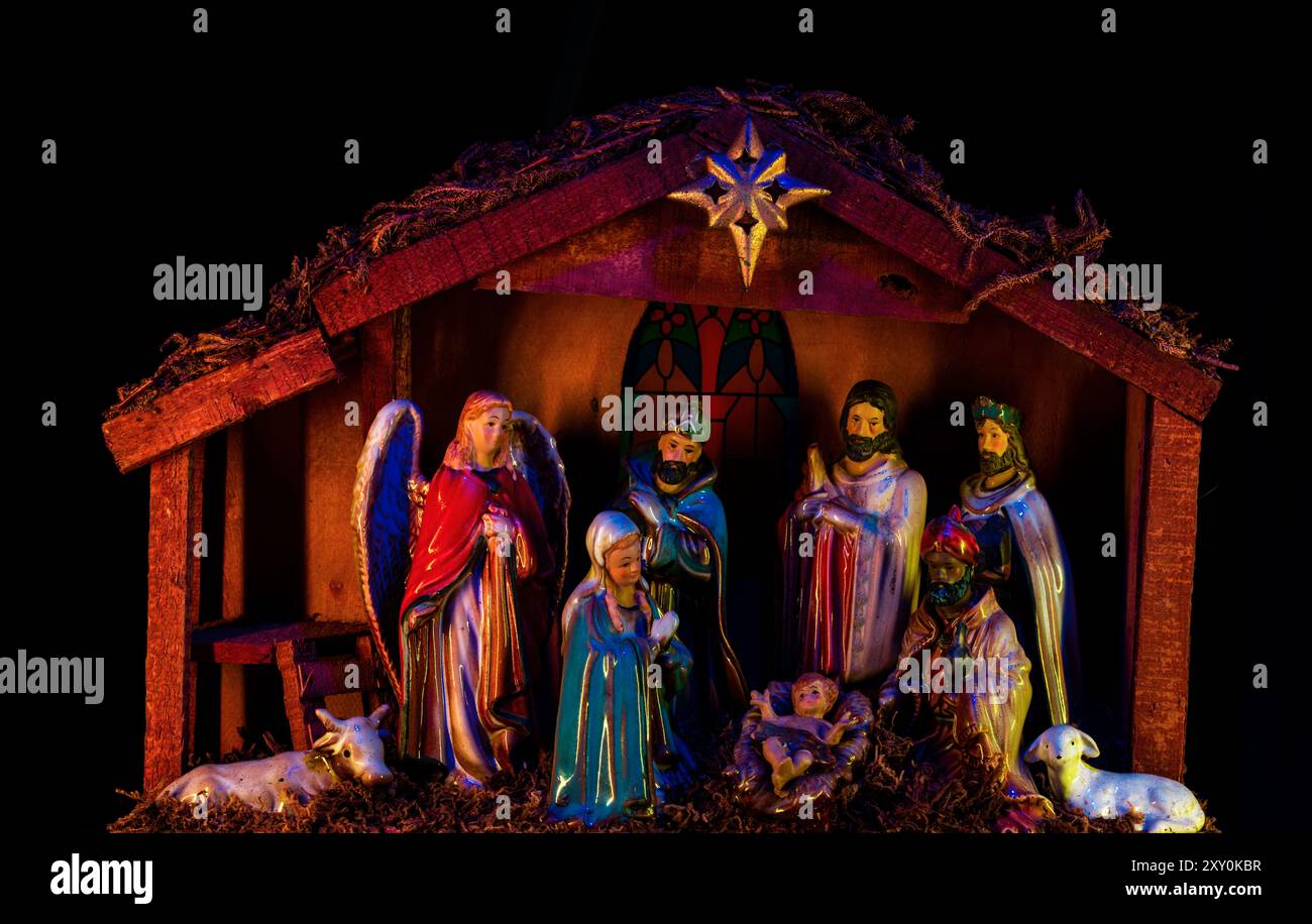 Nativity of Jesus. Christmas Manger scene with figures of Jesus, Mary ...
