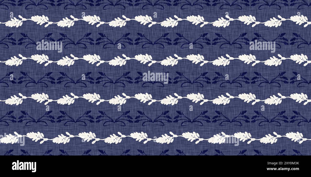 Indigo denim blue leaf motif seamless border. Japanese dye batik fabric ...