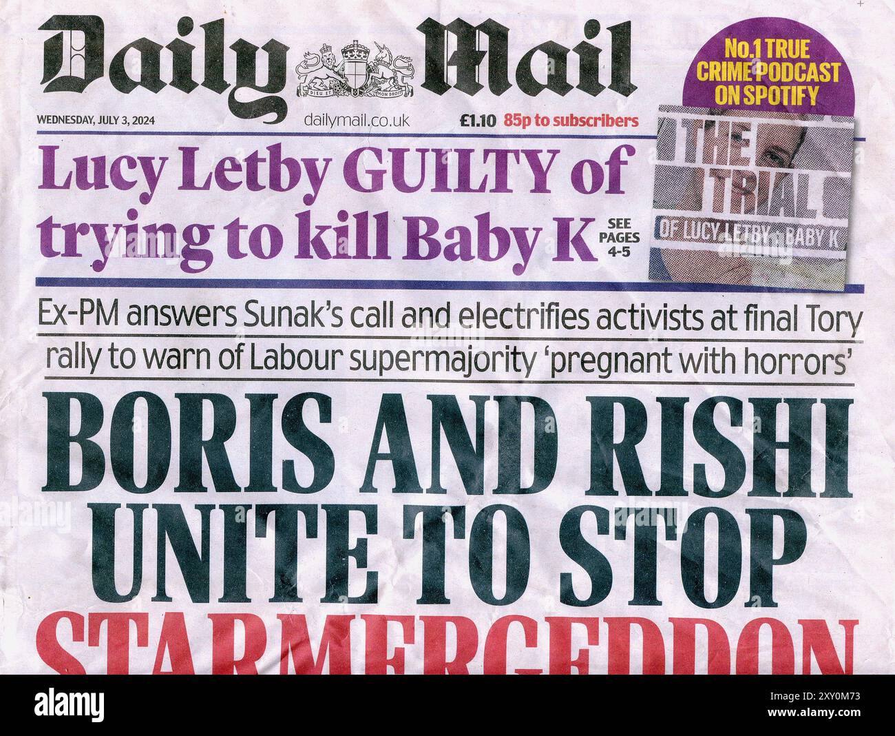 Front cover of the Daily Mail newspaper published on June 3, 2024, the ...