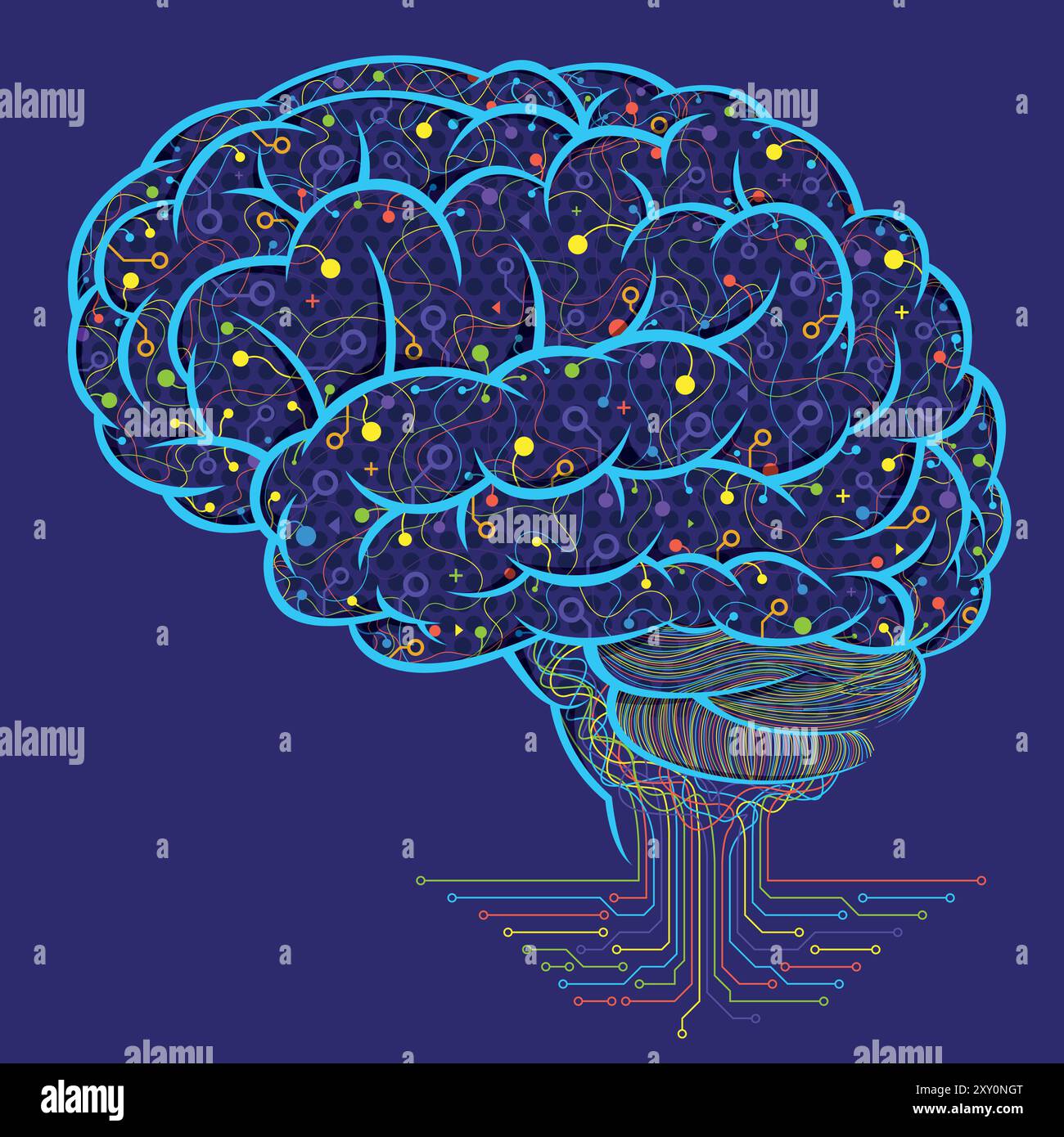 Drawing of a blue brain filled with yellow, red, green and purple lines ...