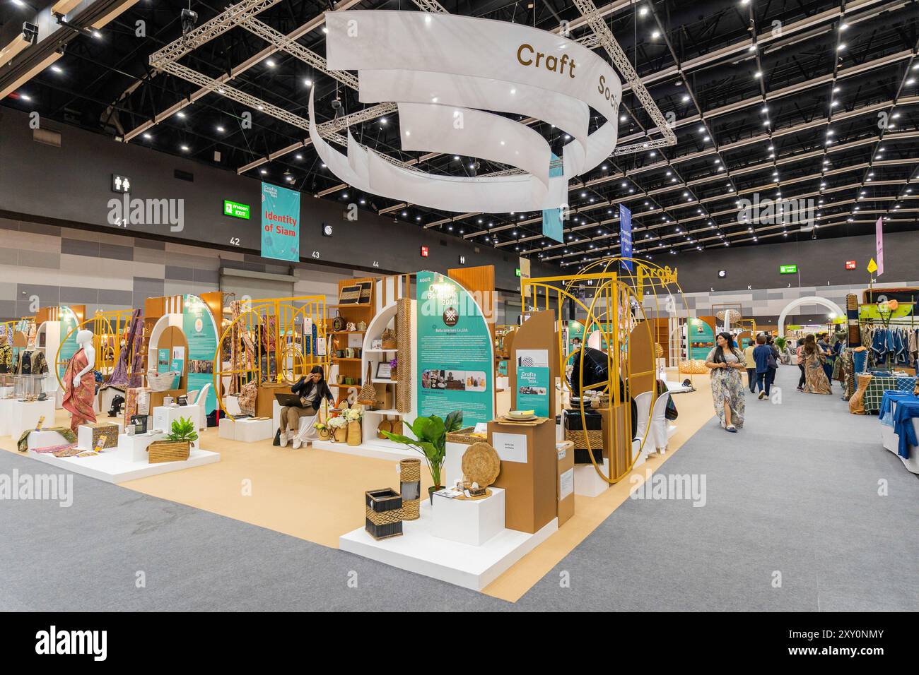 A large view of various booths with Thai crafts and art products, at ...