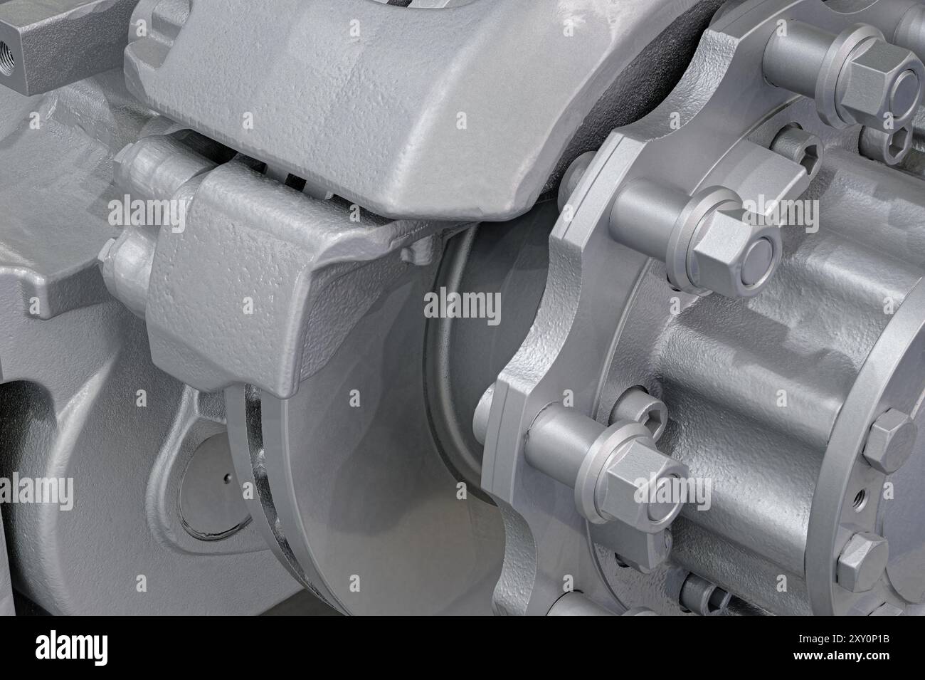 Car wheel hub and disc brake, close up shot. Abstract industrial ...