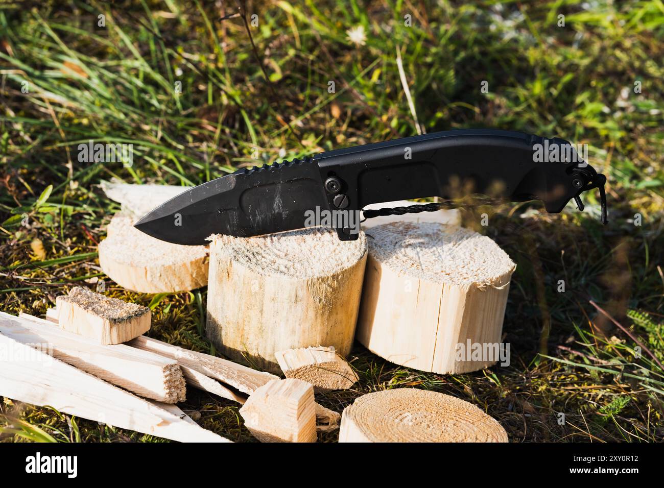 Chopping firewood into kindling with a tactical survival folding knife ...