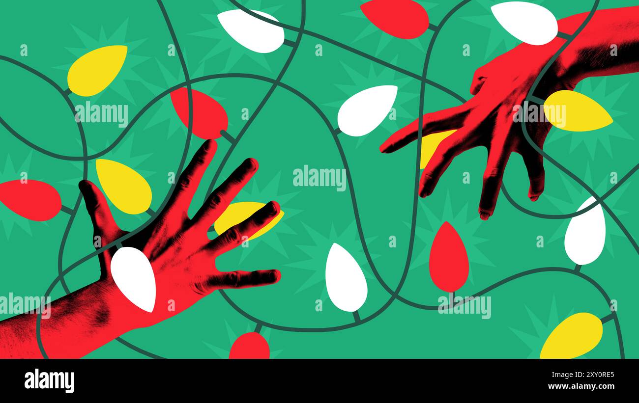 Poster. Contemporary art collage. Two hands entangled in string of ...