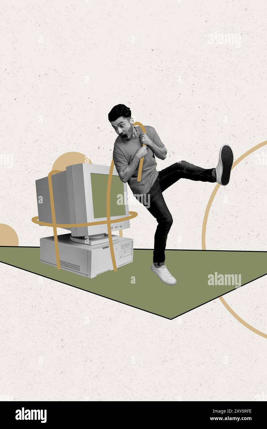 Vertical photo collage of astonished panic man carry pc computer string ...