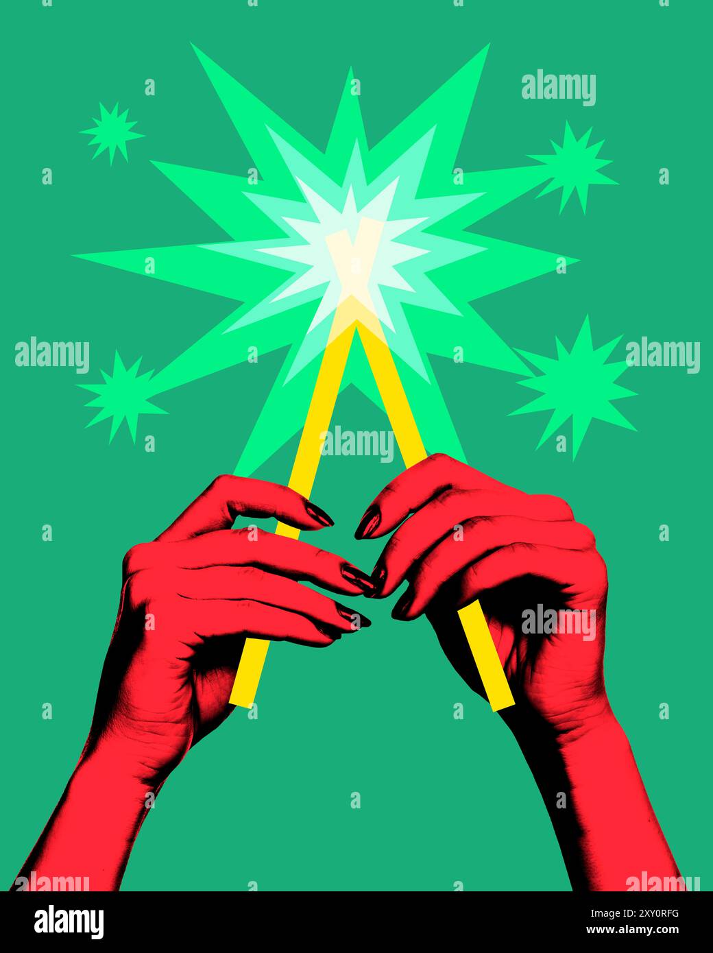 Poster. Contemporary art collage. Hands holding glowing yellow sticks ...