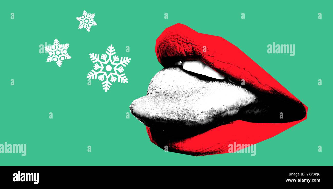Poster. Contemporary art collage. Red lips with white frosty tongue ...