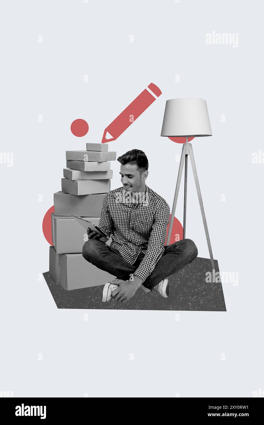 Vertical photo collage of happy guy postal worker surf ereader ...