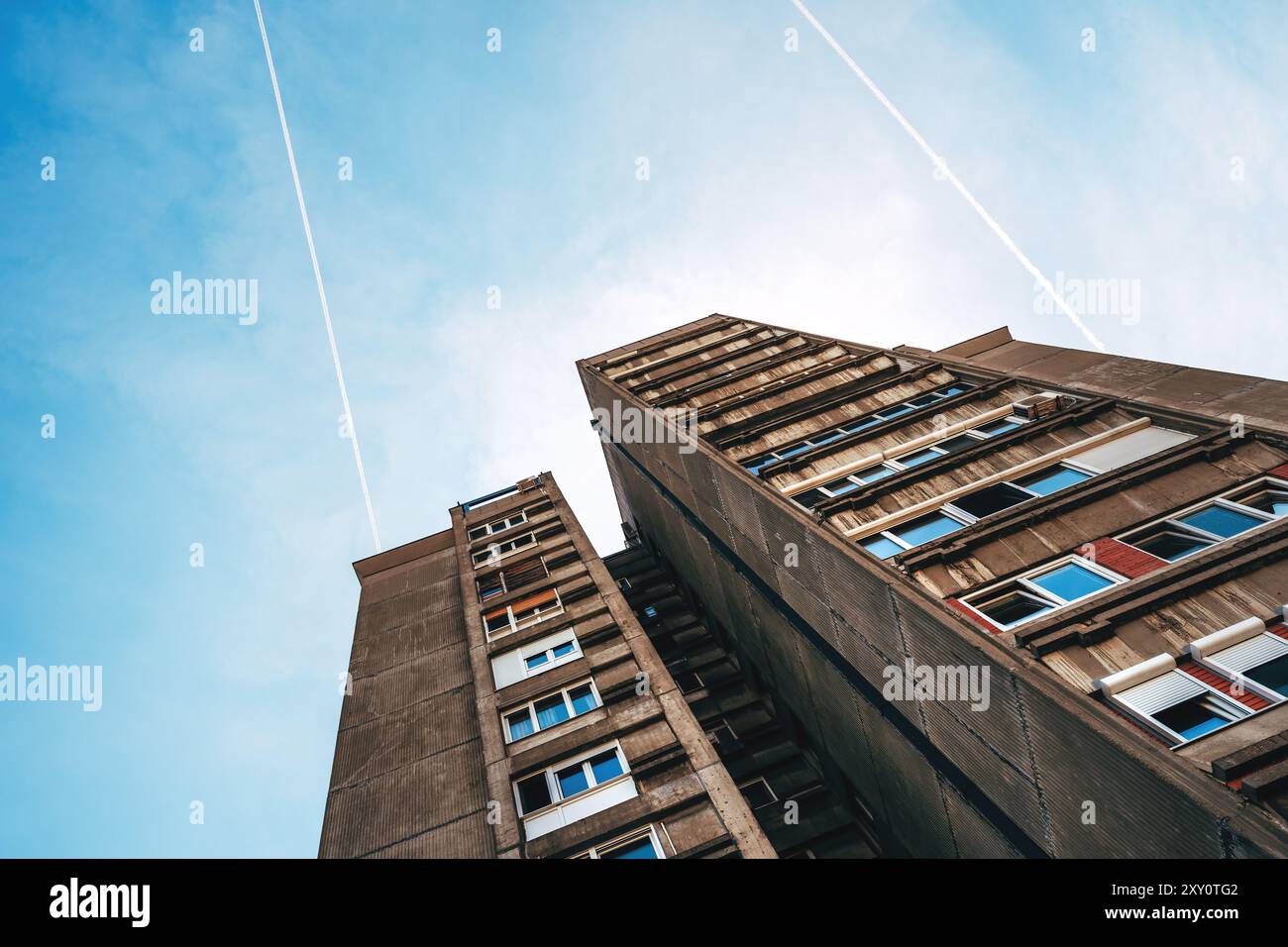 Old concrete skyscraper residential building, low angle view Stock ...