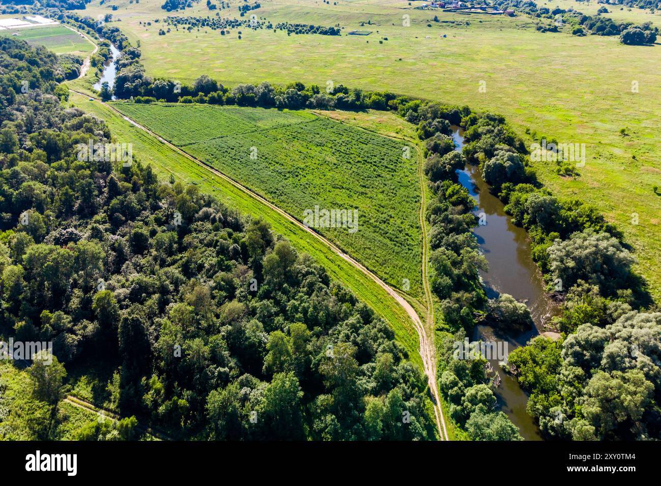 Aerial view of a zigzag river bed surrounded by green fields Stock ...