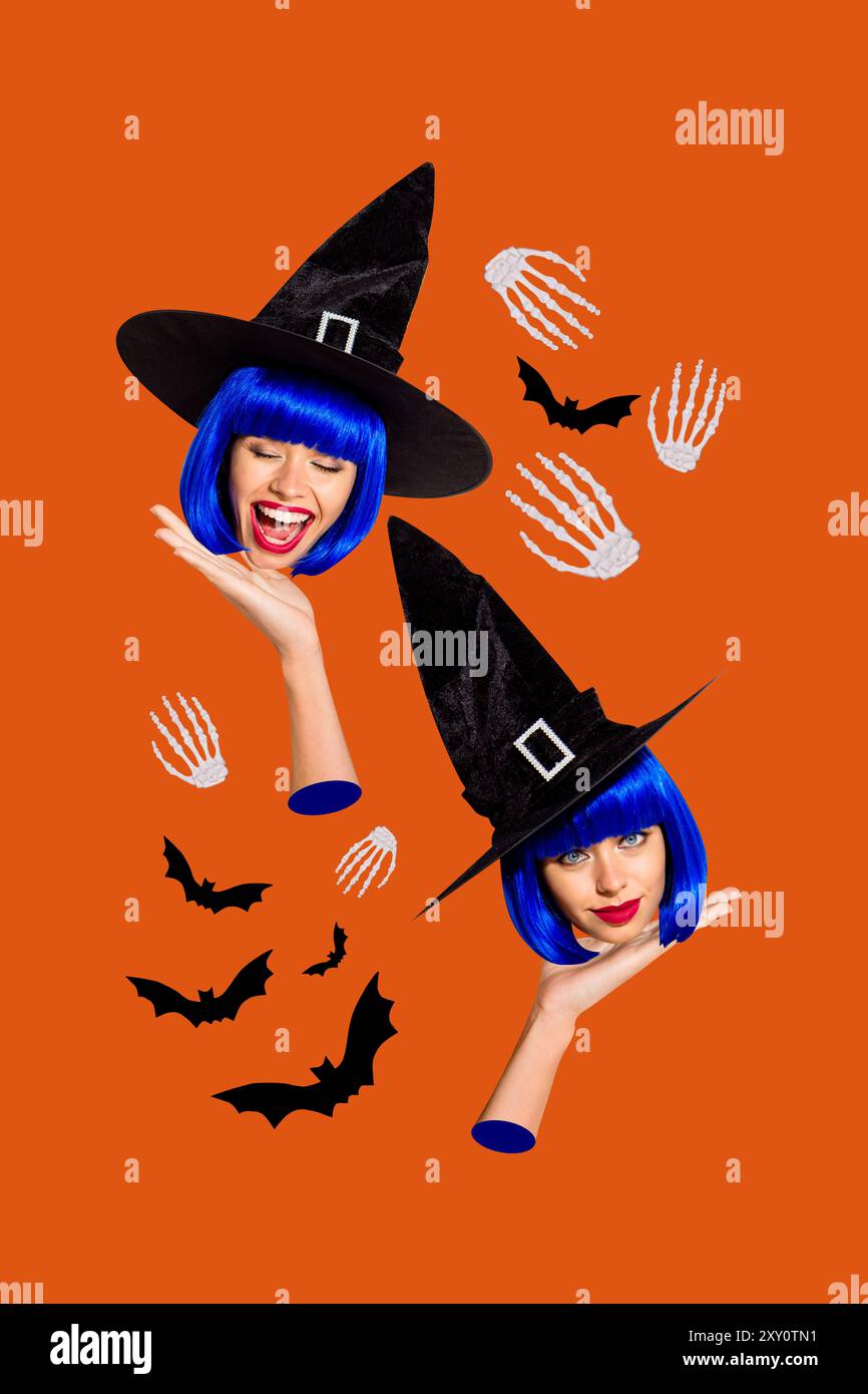 Vertical photo collage of bodyless girl wear witch costume blue wig hat ...