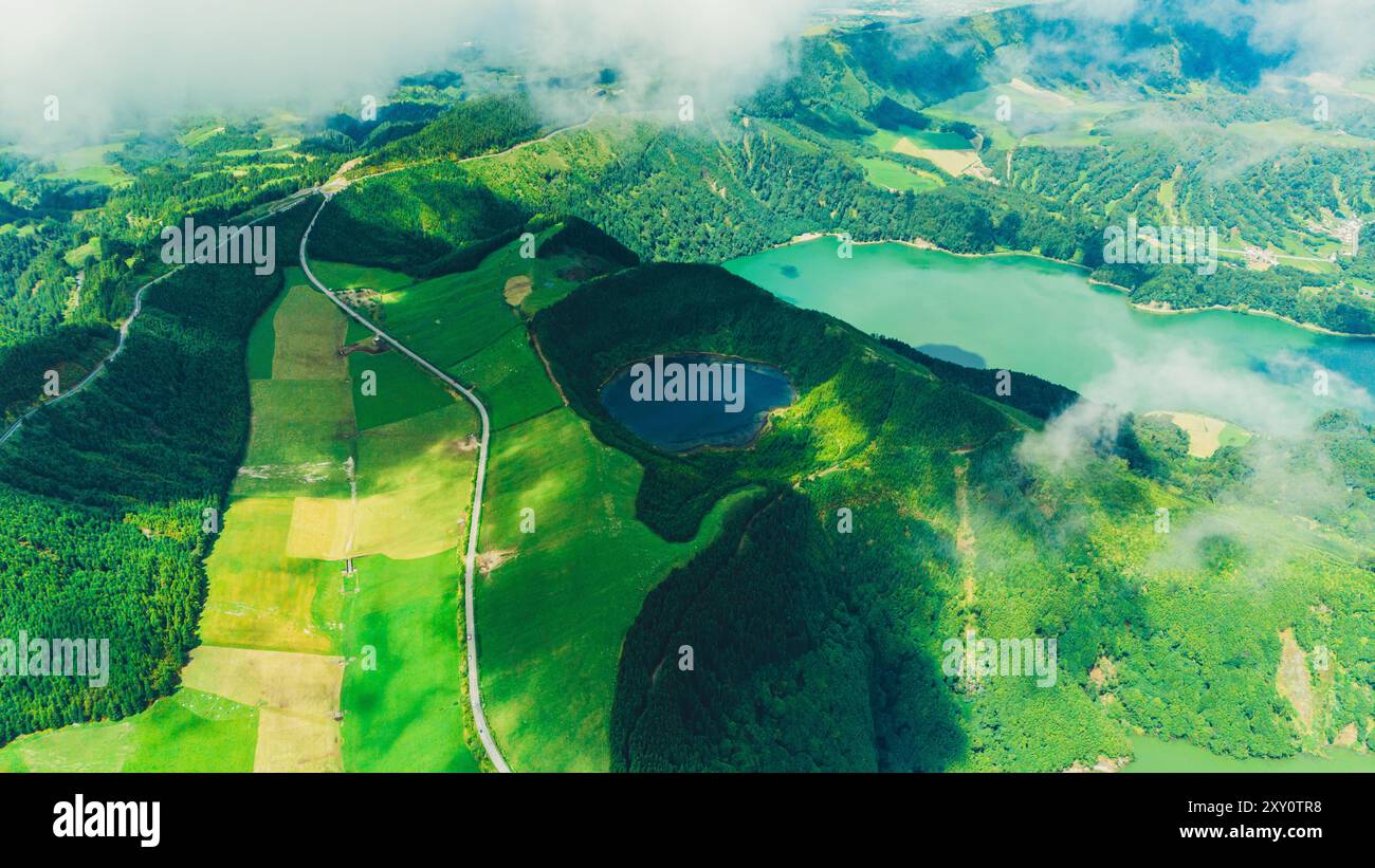 An aerial shot captures the stunning diversity of the Azores topography ...