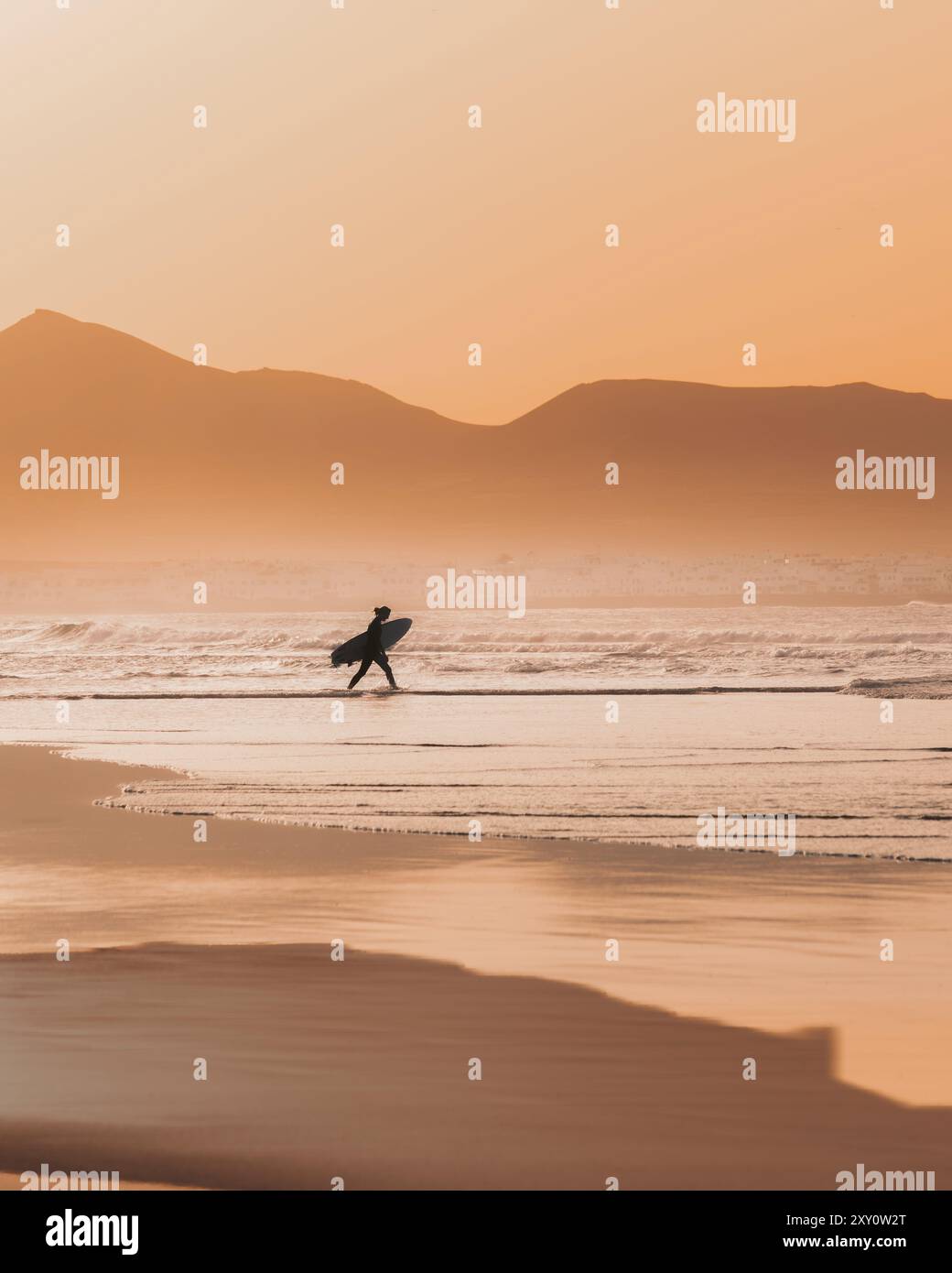 Side view of unrecognizable surfer carrying board at sunset on Canary ...