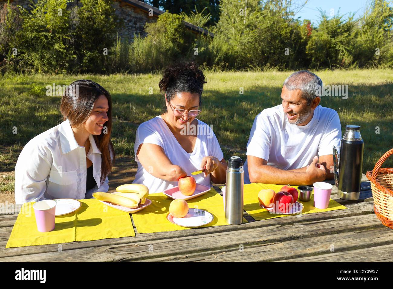 A joyful family gathering outdoors showing a woman with an arm ...